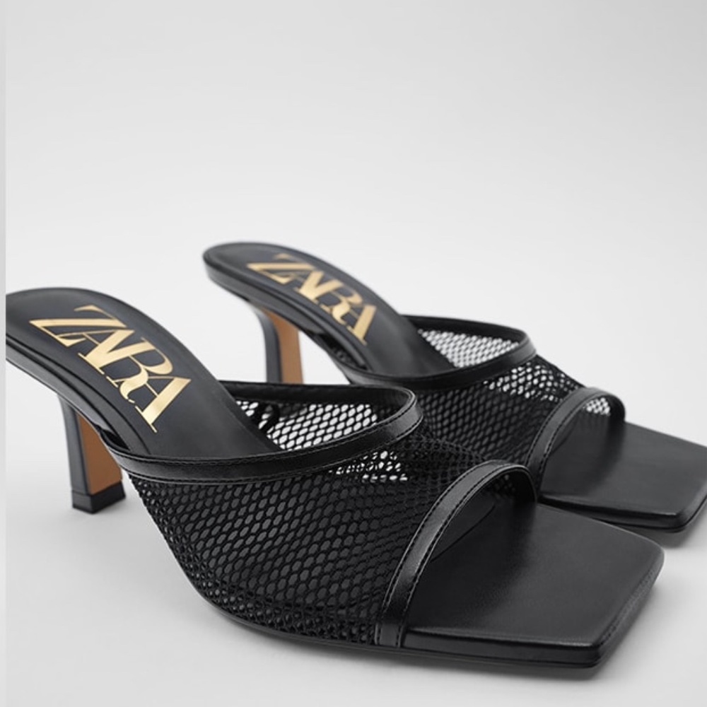 Zara Black Mesh Kitten Heel Mule Square Open Toe Shoes - Gem
